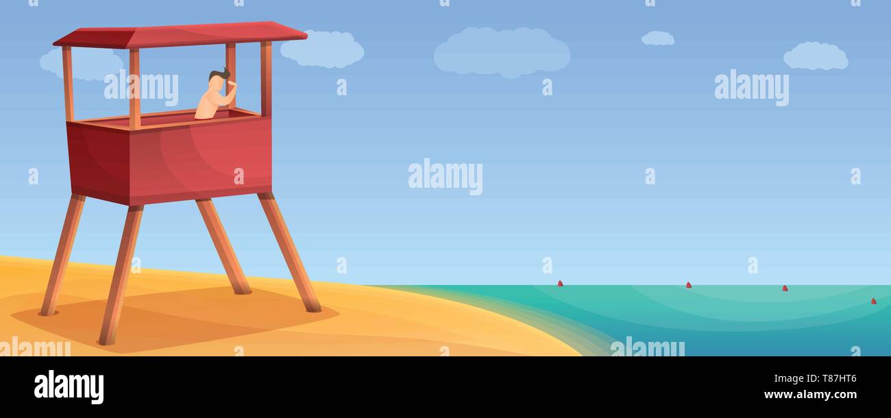 Rescue tower at the sand beach concept banner. Cartoon illustration of ...