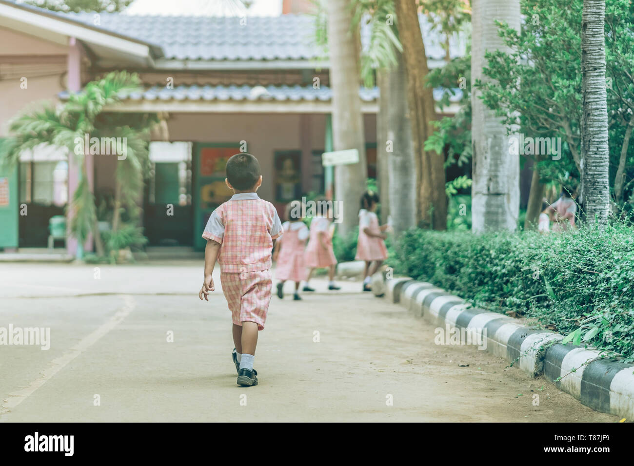 Back view of Boy followed girl friends on street to go to the classroom ...
