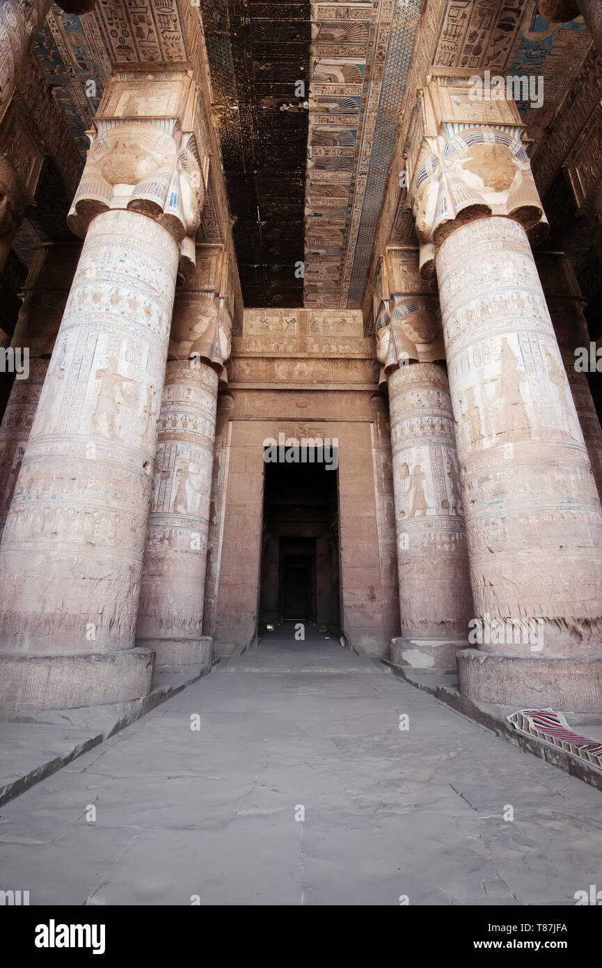 Interior of the painted and carved hypostyle hall at Dendera Temple ...