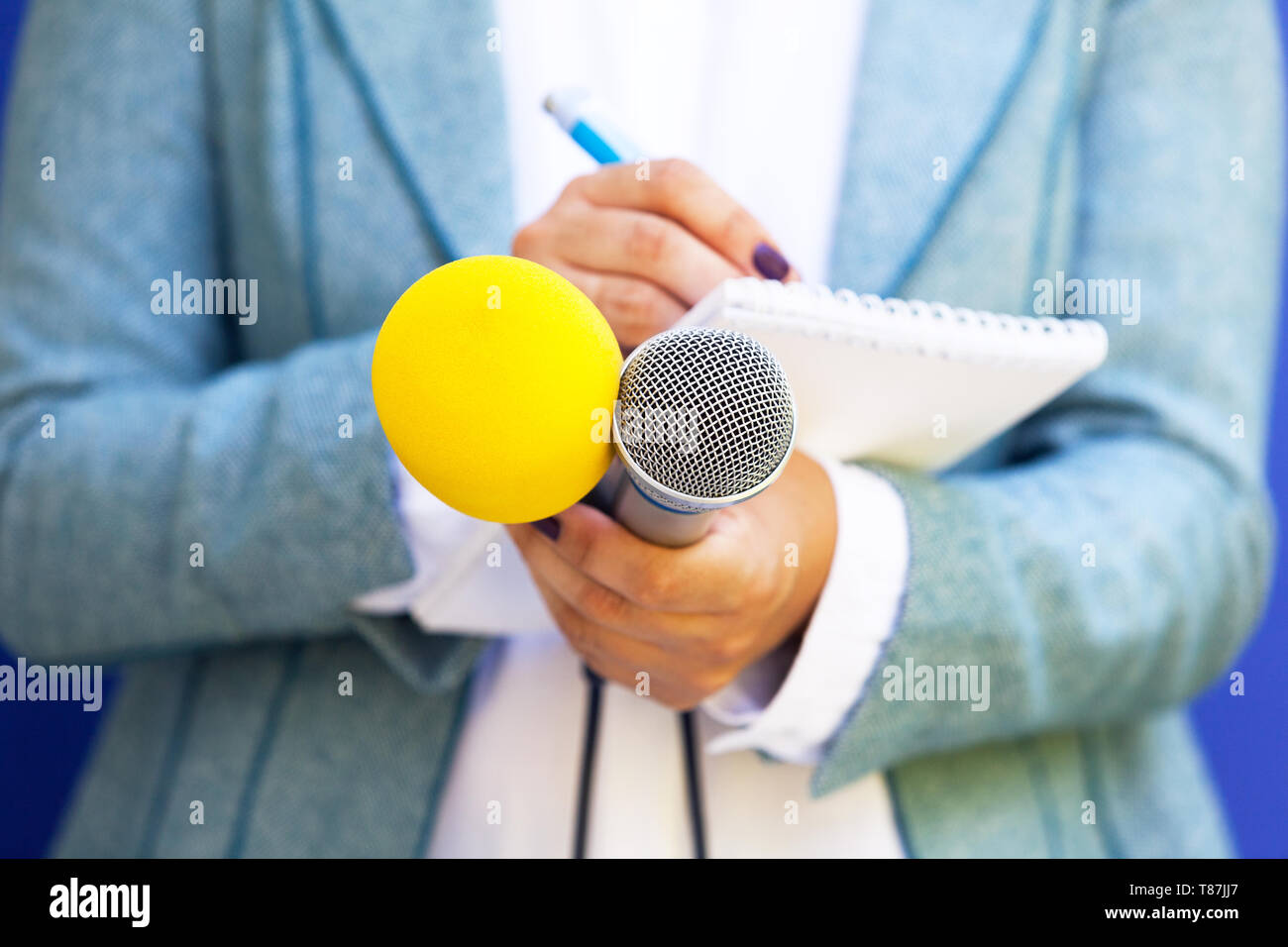 A female journalist taking notes and holding a microphone at the press ...