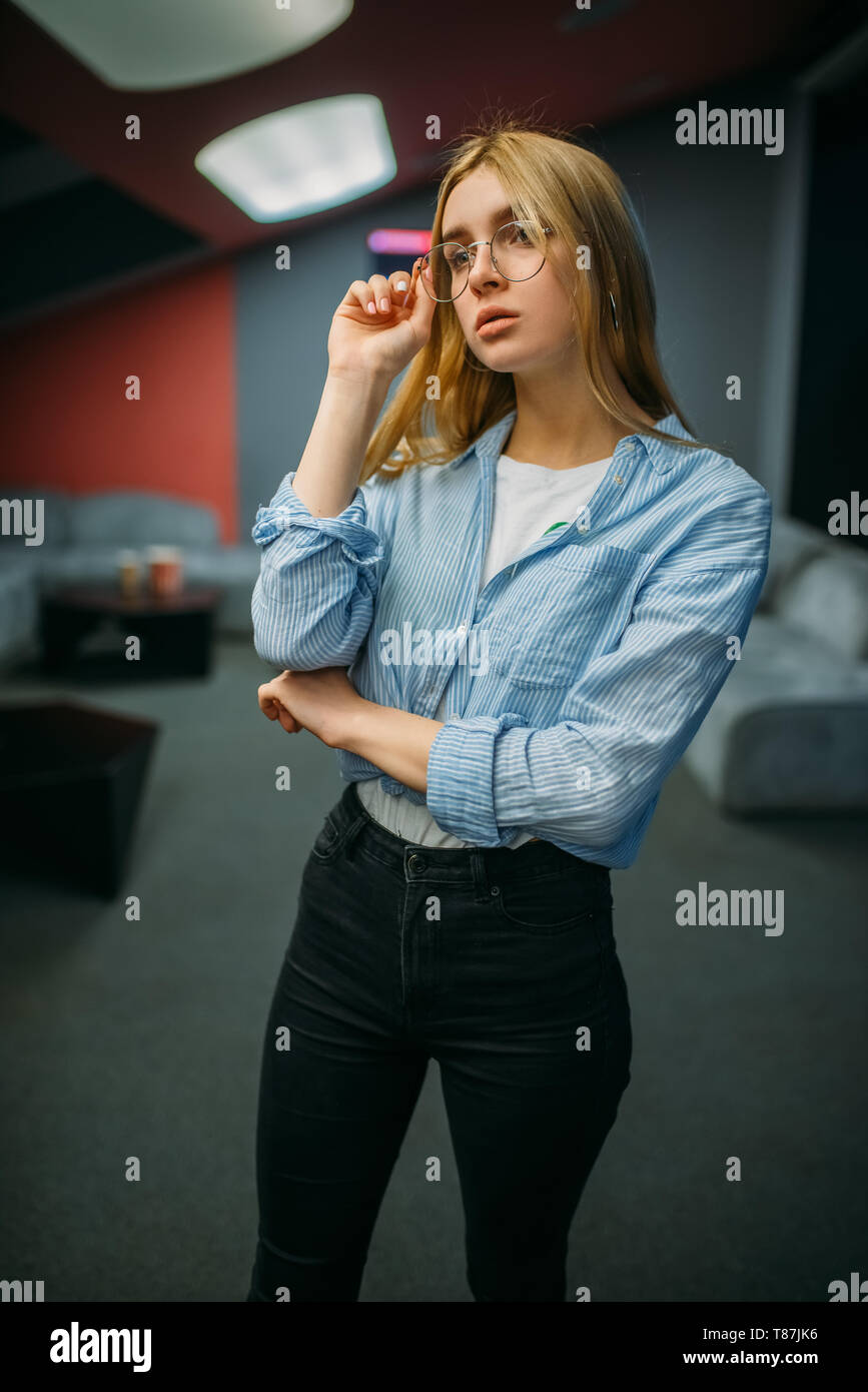 Female spectator in 3d glasses, cinema hall Stock Photo - Alamy