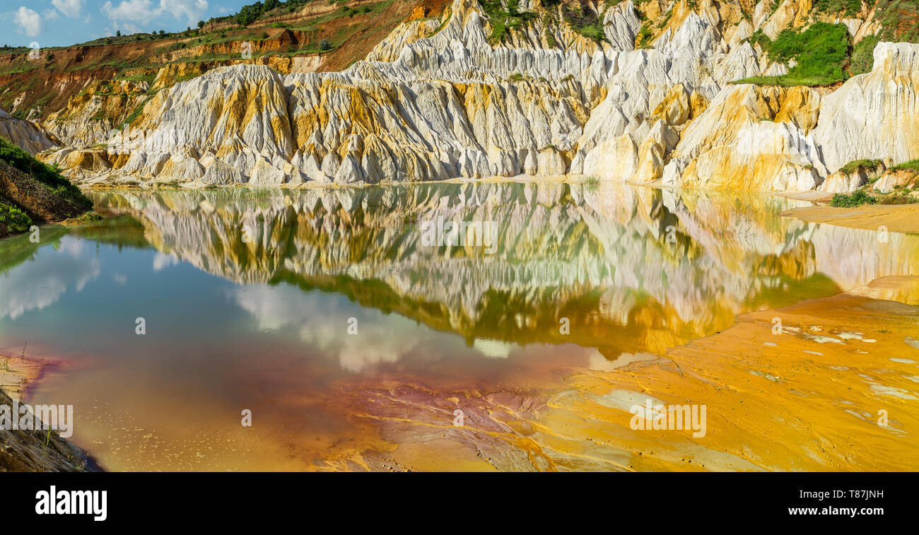 Abandoned kaolin quarry with Water pollution and petrochemical products ...
