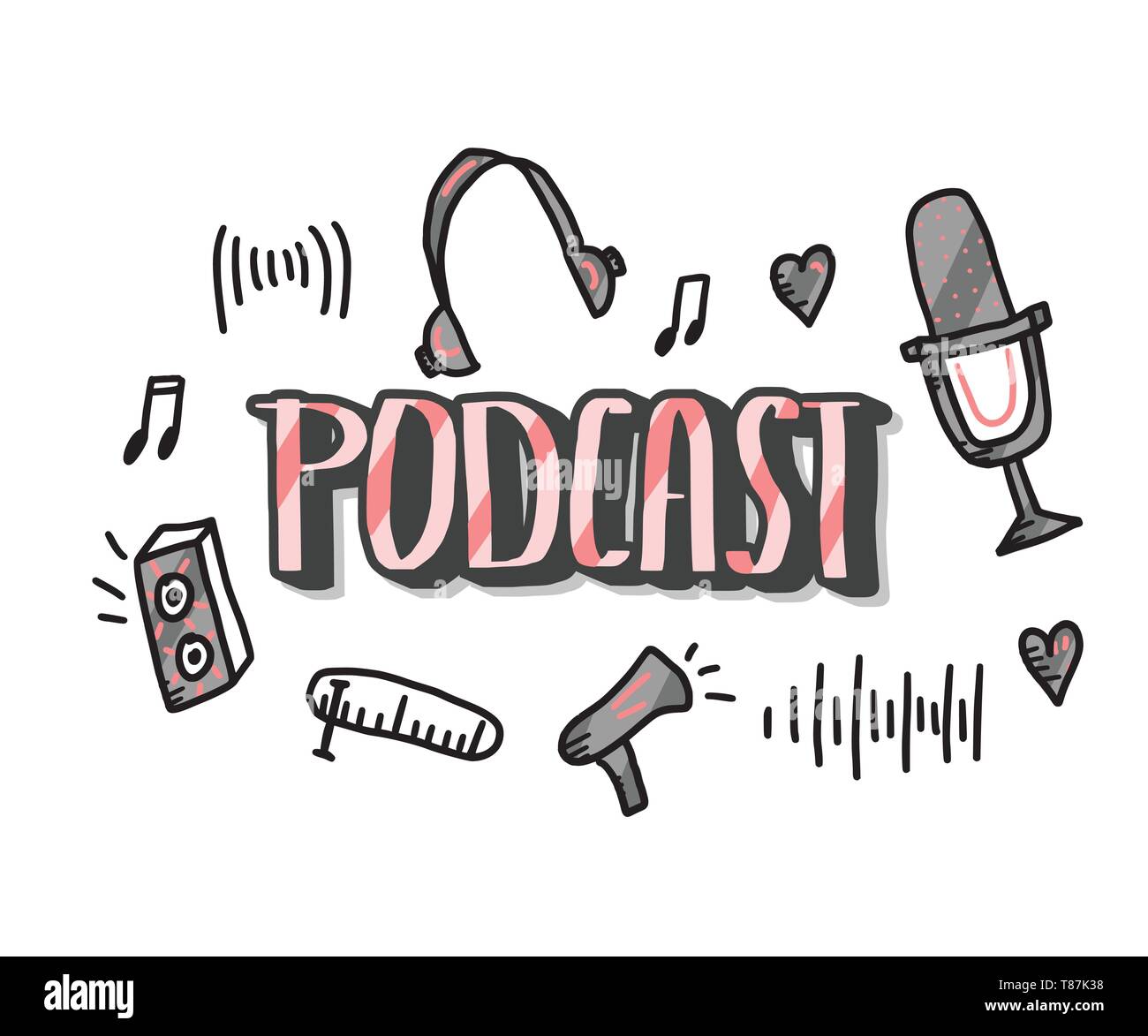 Podcast handwritten lettering and decoration isolated on white ...