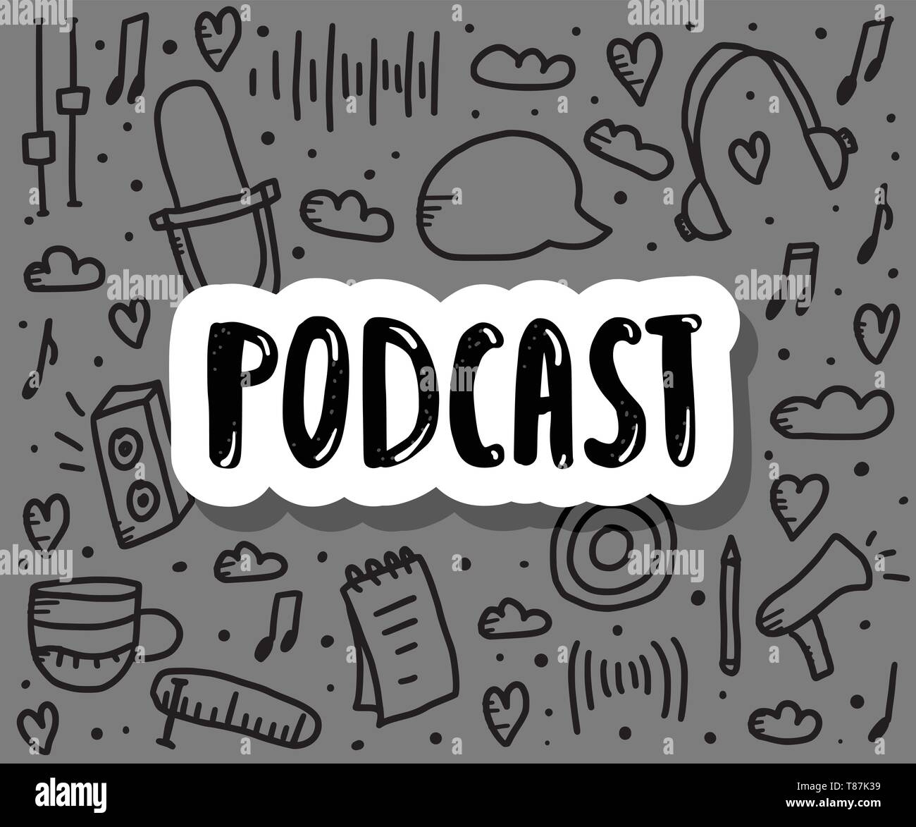 Podcast banner with handwritten lettering and decoration. Poster with ...