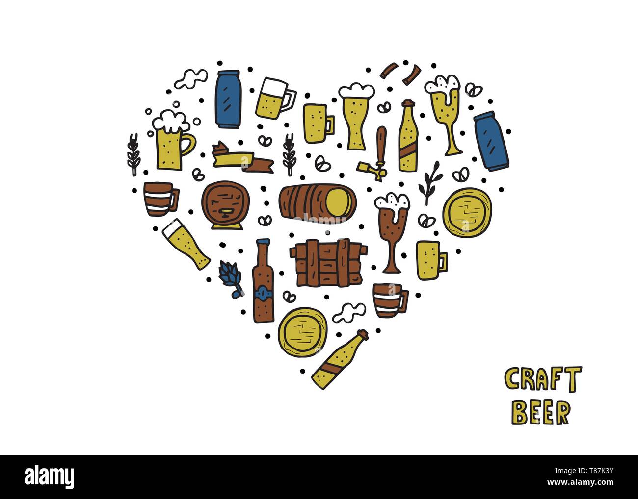 Craft beer concept. Heart badge with eelements set in doodle style ...