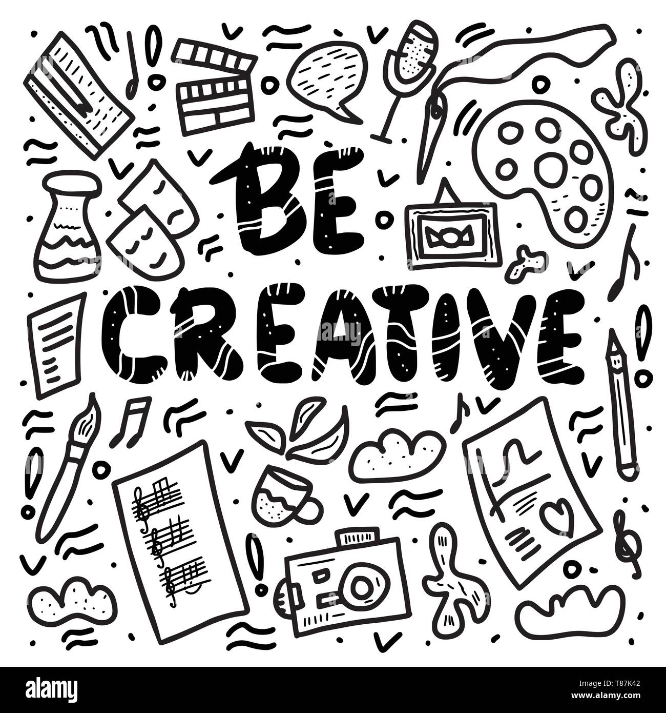 Be creative concept. Lettering with art symbols. Handwritten quote ...
