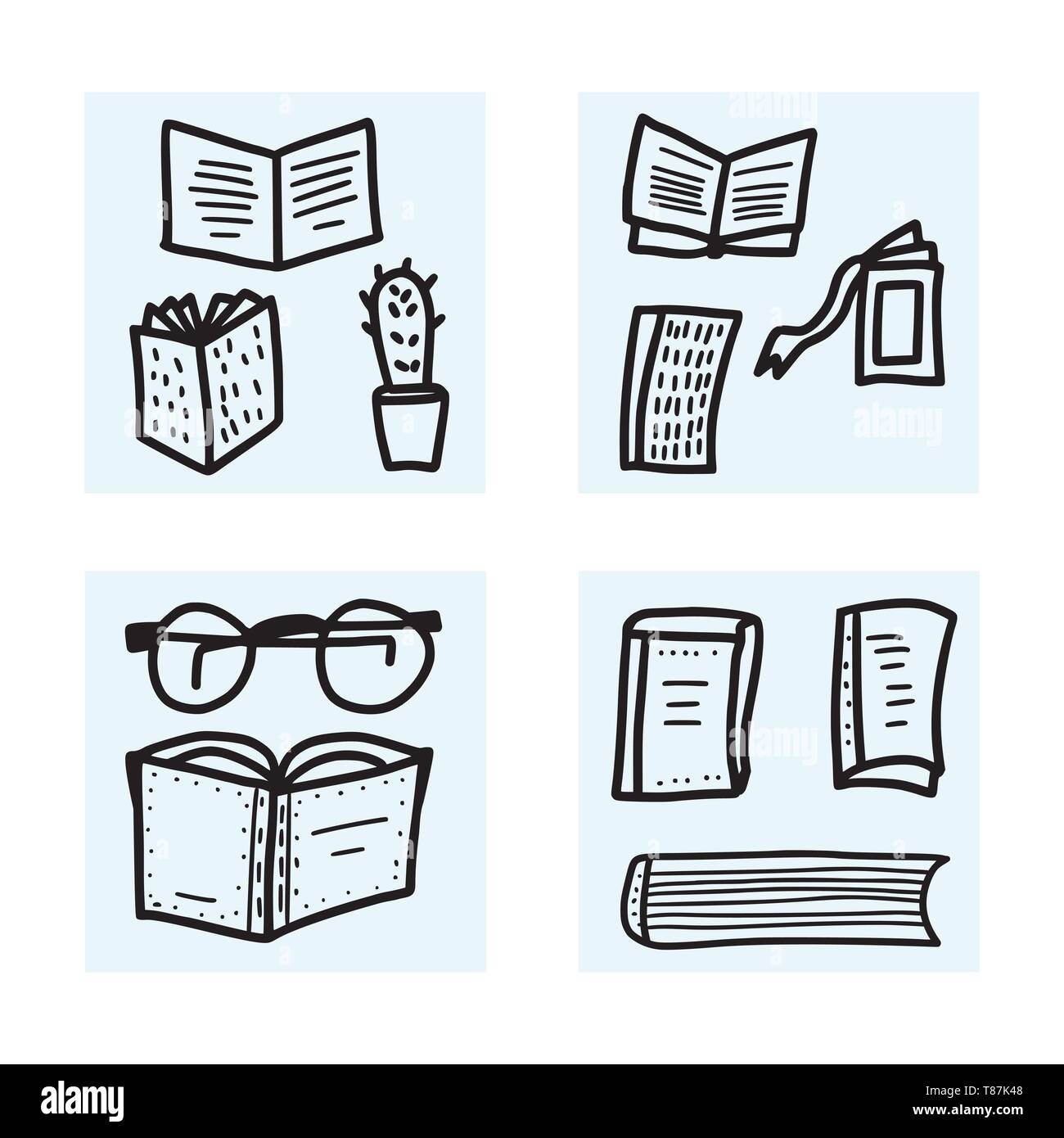 Book set in doodle style. symbols of reading cards. Vector illustration ...