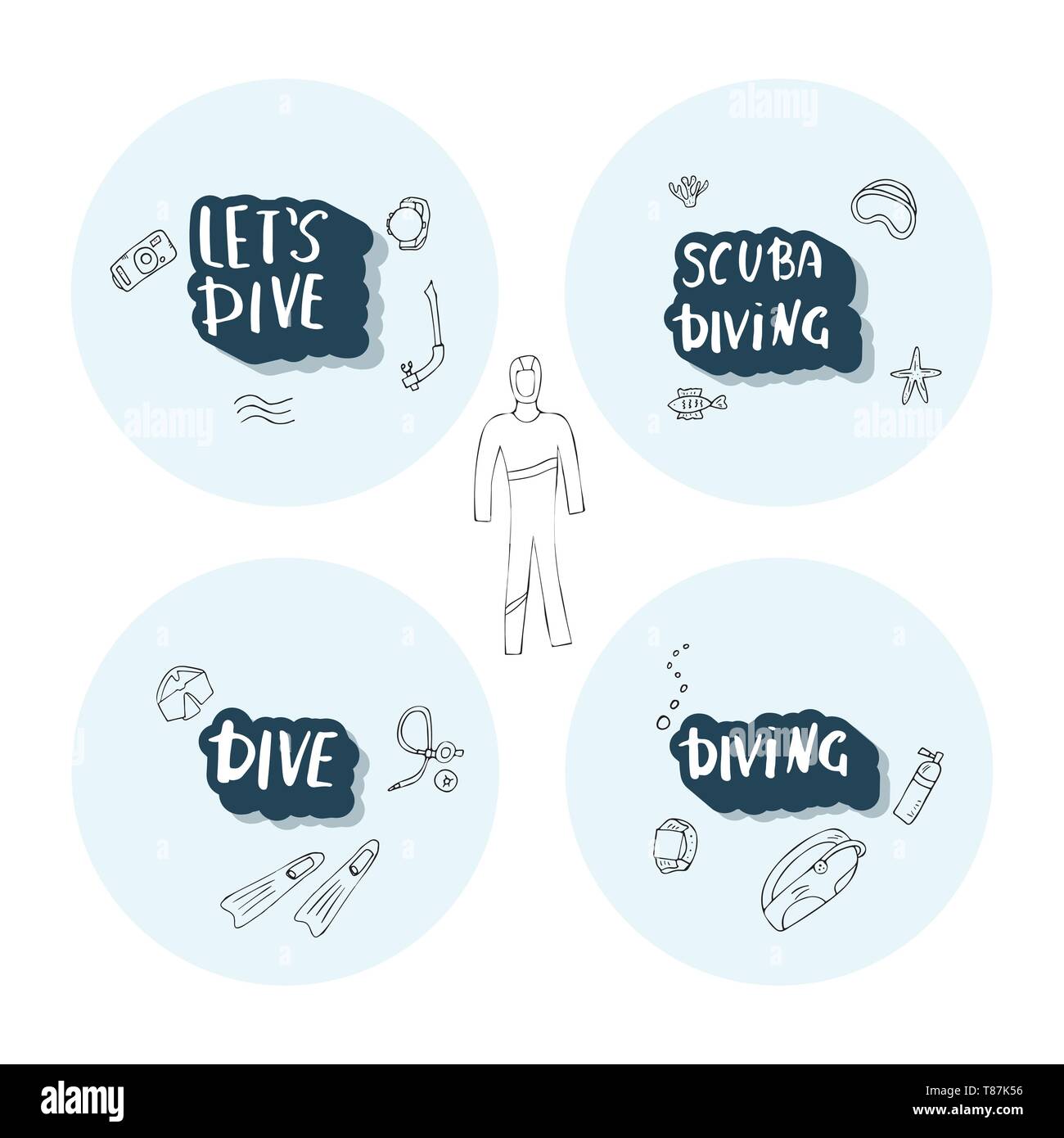 Set of round badges with scuba diving lettering, elements and equipment ...