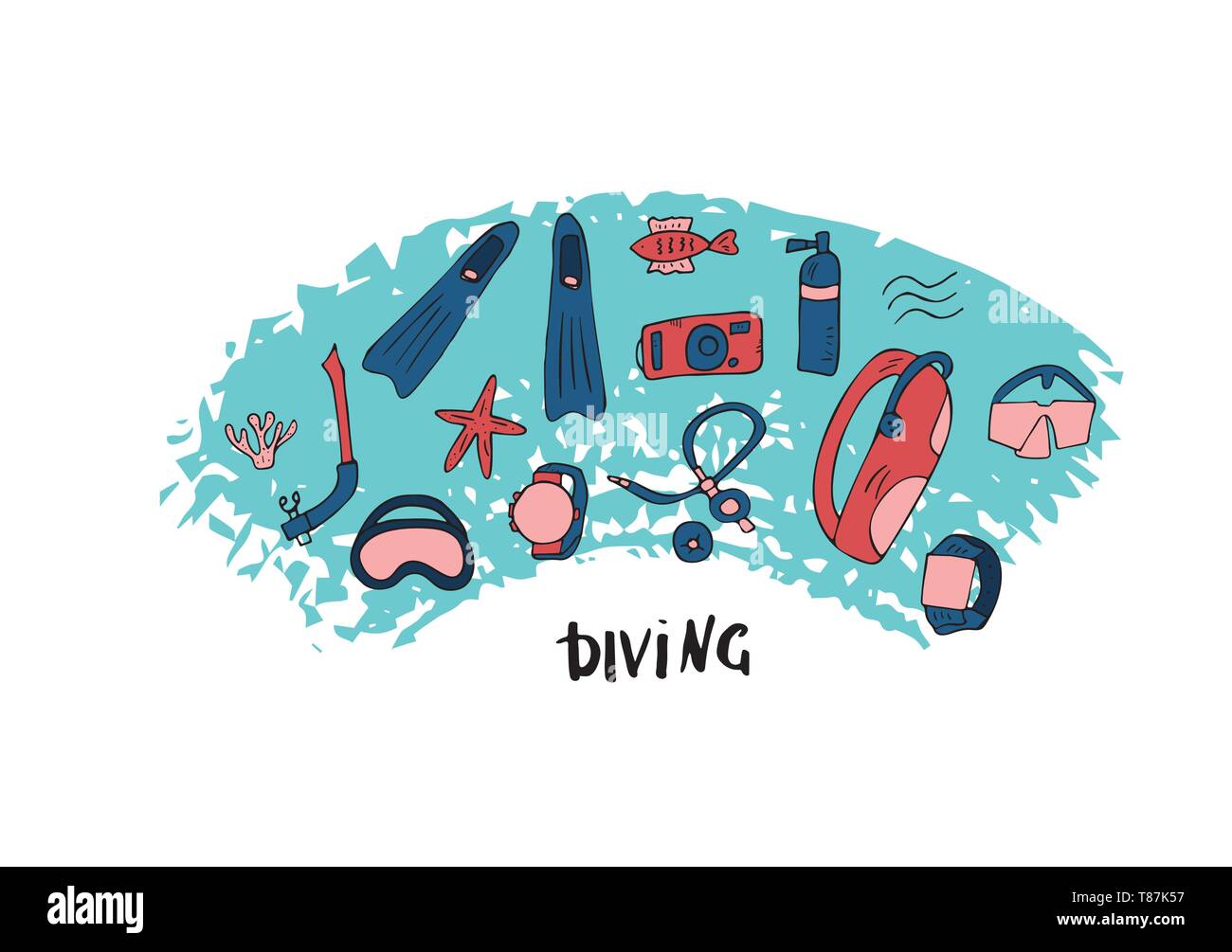 Diving set of elements and equipment. Underwater activity symbols and ...