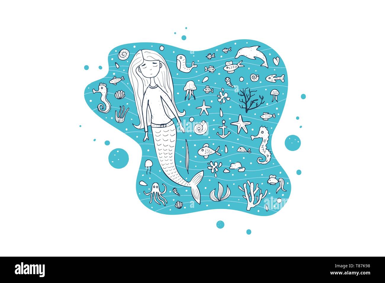 Mermaid and sea set in doodle style. Vector illustration Stock Vector ...