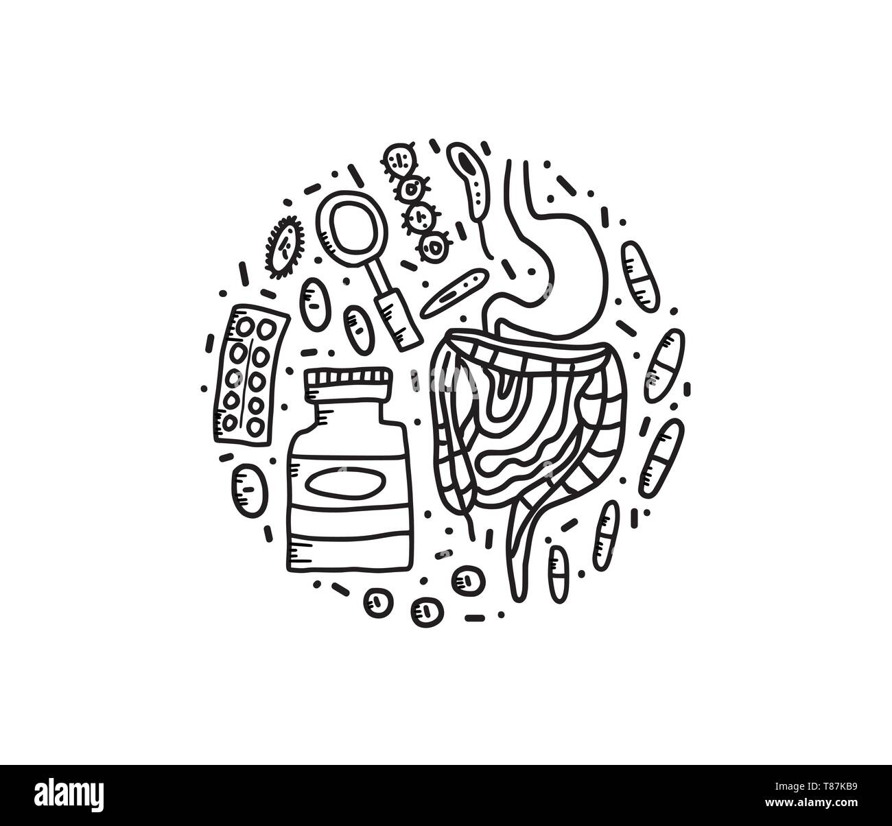 Probiotics concept in doodle style. Set of treatment of digestive ...