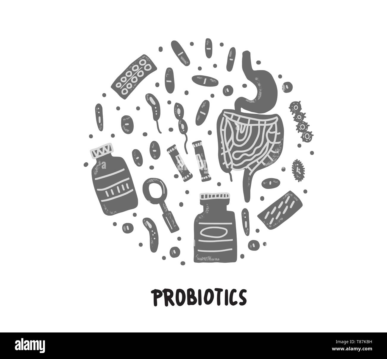 Probiotics concept. Round badge of treatment of digestive system symbols. Vector flat ...