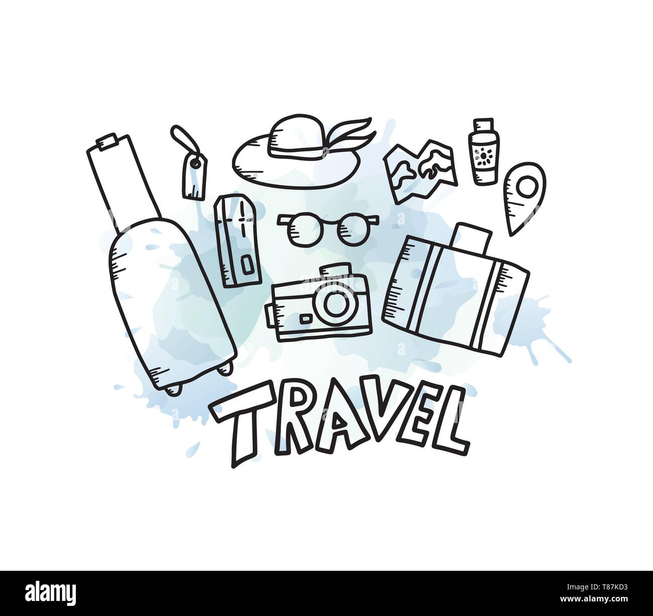 Set of travel symbols in doodle style. Hand drawn vector trip elements ...