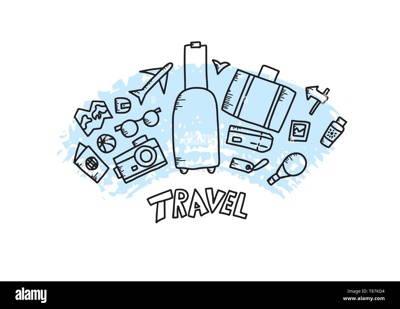 Set of travel symbols in doodle style. Hand drawn vector trip elements ...