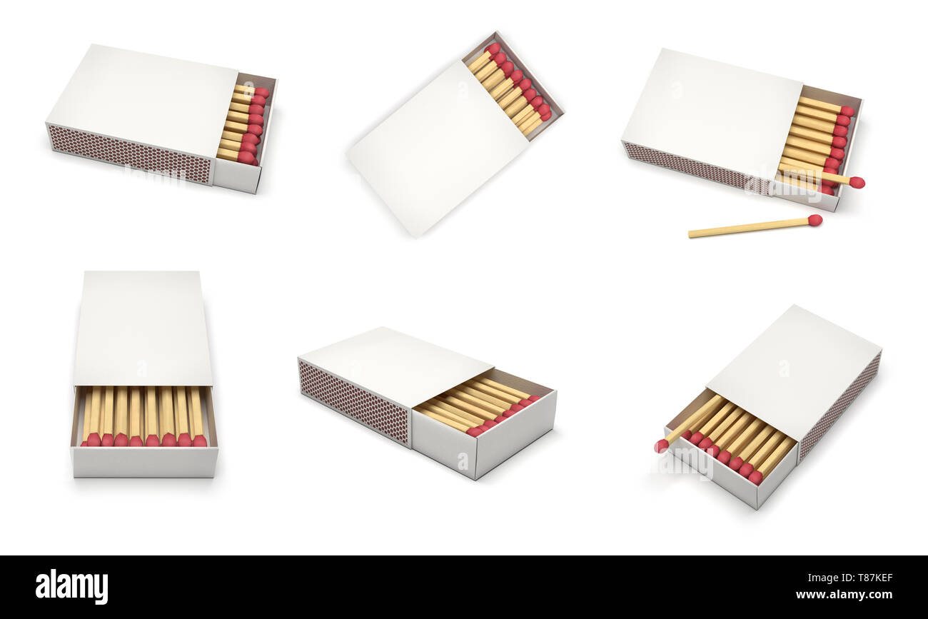 Box of matches. Collection. 3d rendering illustration isolated on white ...