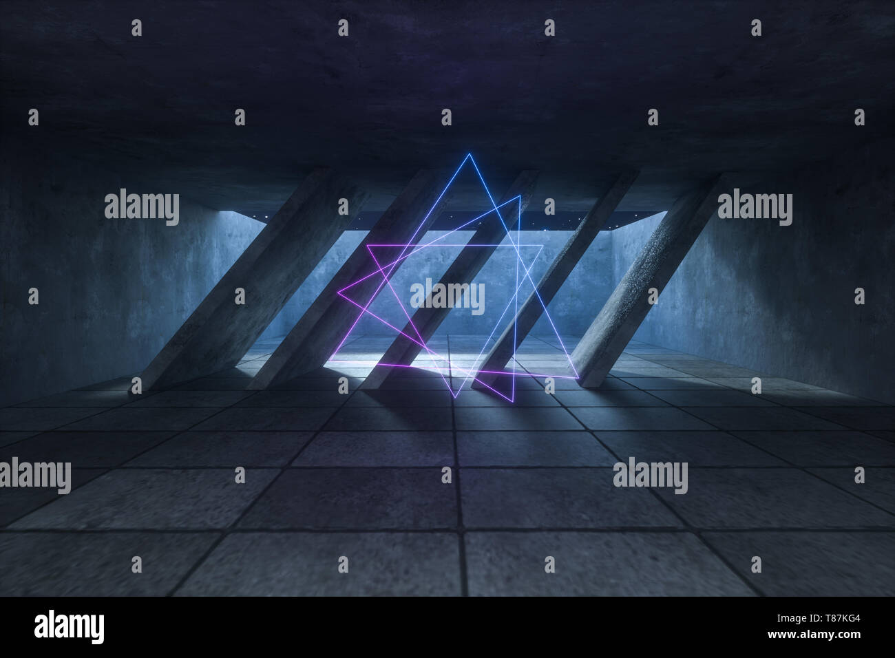 3d rendering, glowing magic lines in abandoned room, dark background ...