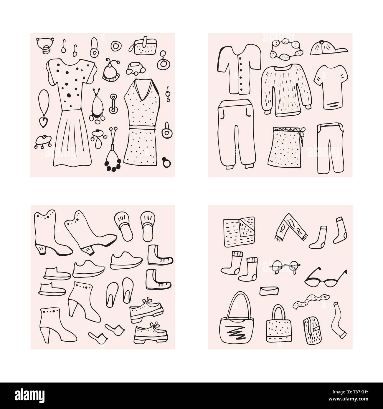 Woman clothes and accessories banner set in doodle style. Collection of ...