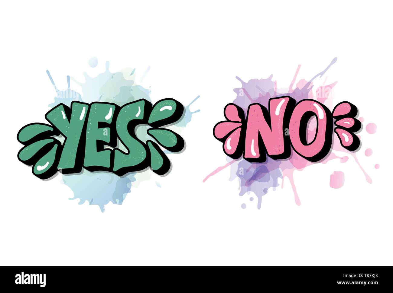 Yes and no lettering. Handwritten words with watercolor splashes ...