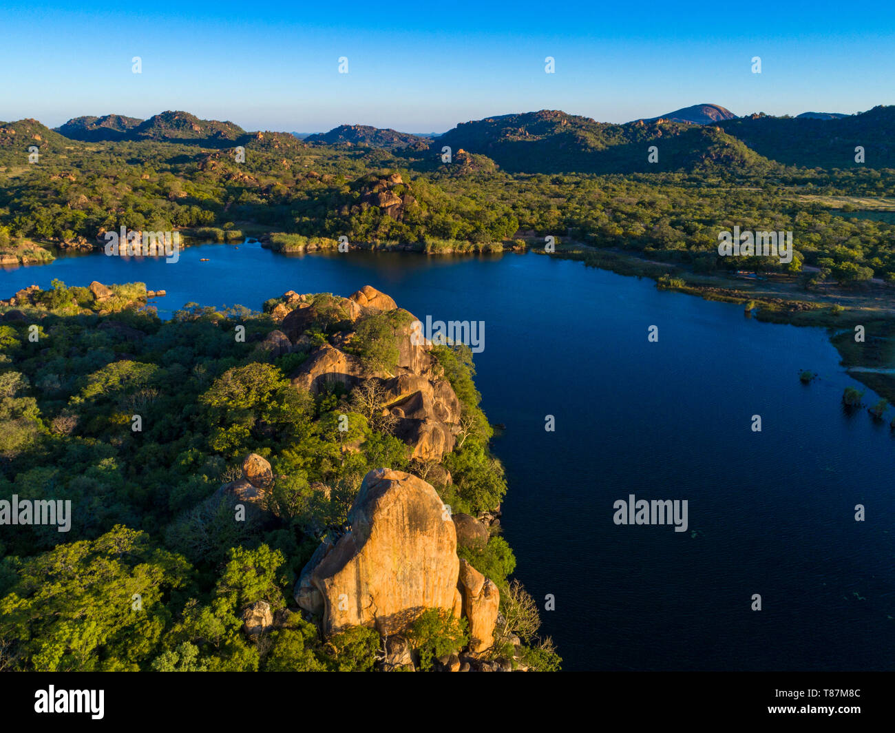 An aerial view of Mutsheleli dam, Matobo National Park, Zimbabwe Stock ...