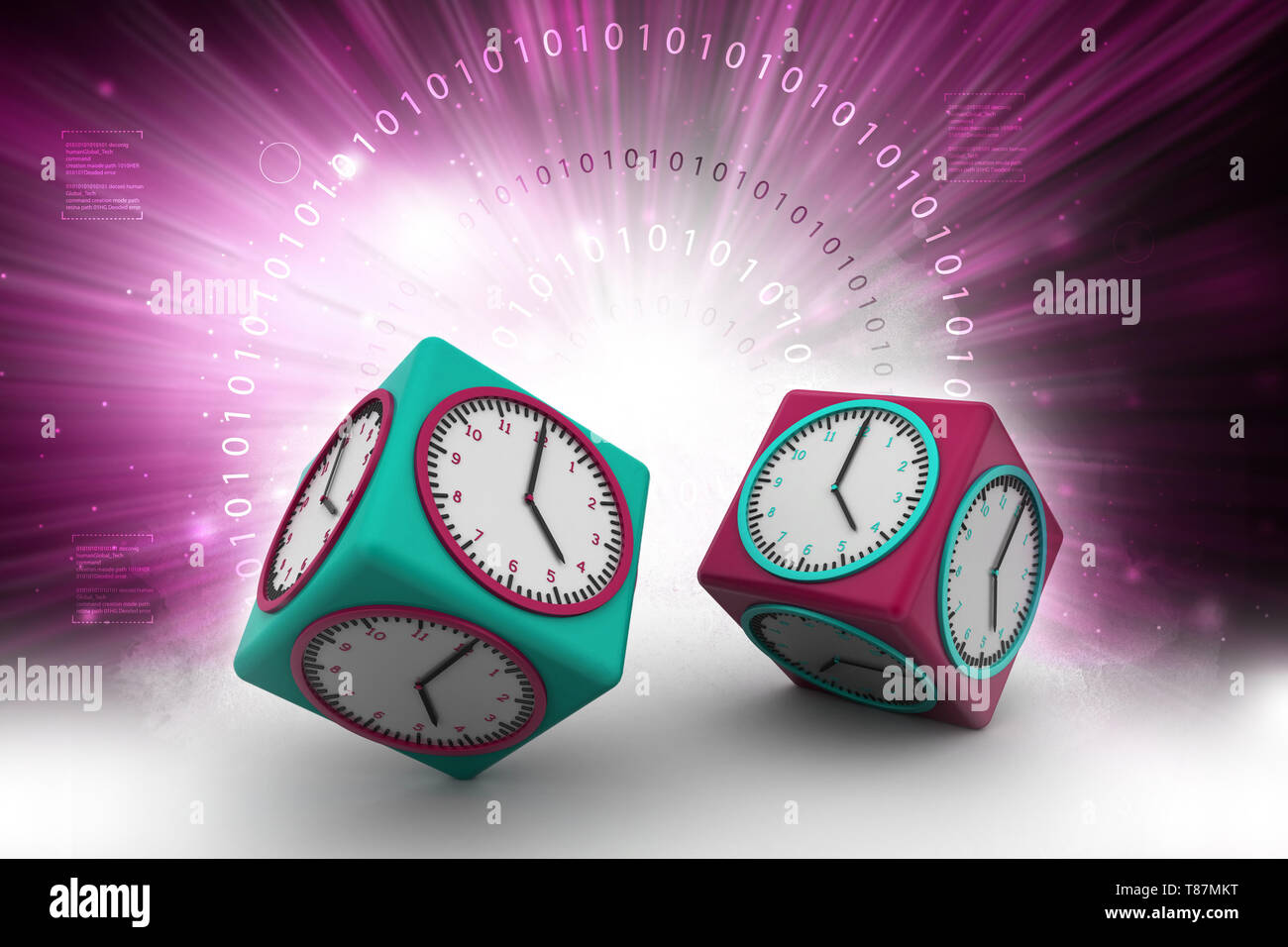 Clock in cube with technical brain Stock Photo - Alamy