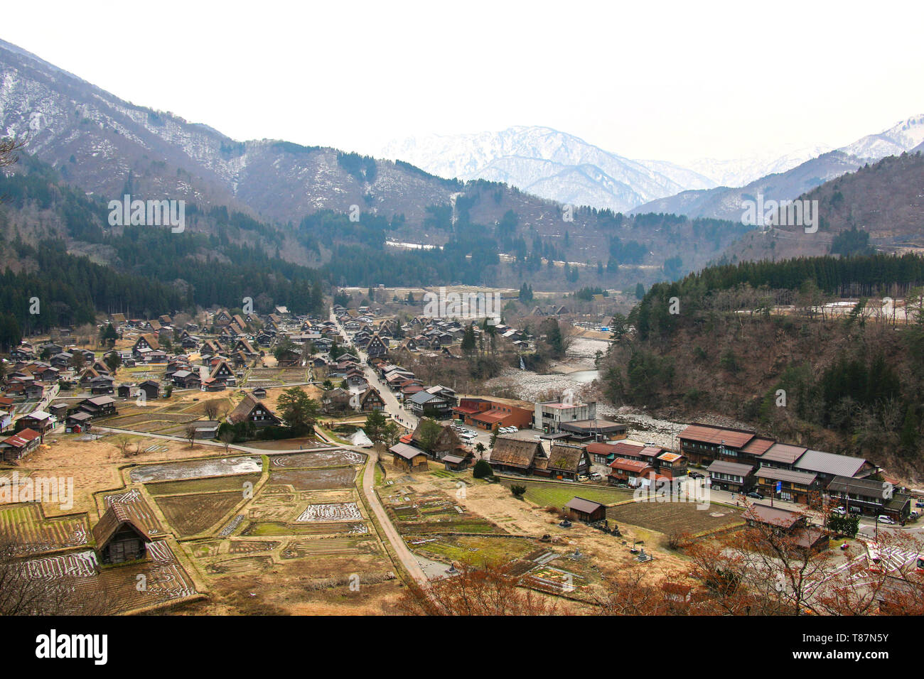 Panoramic view of historic Shirakawa-go village in spring. UNESCO World ...