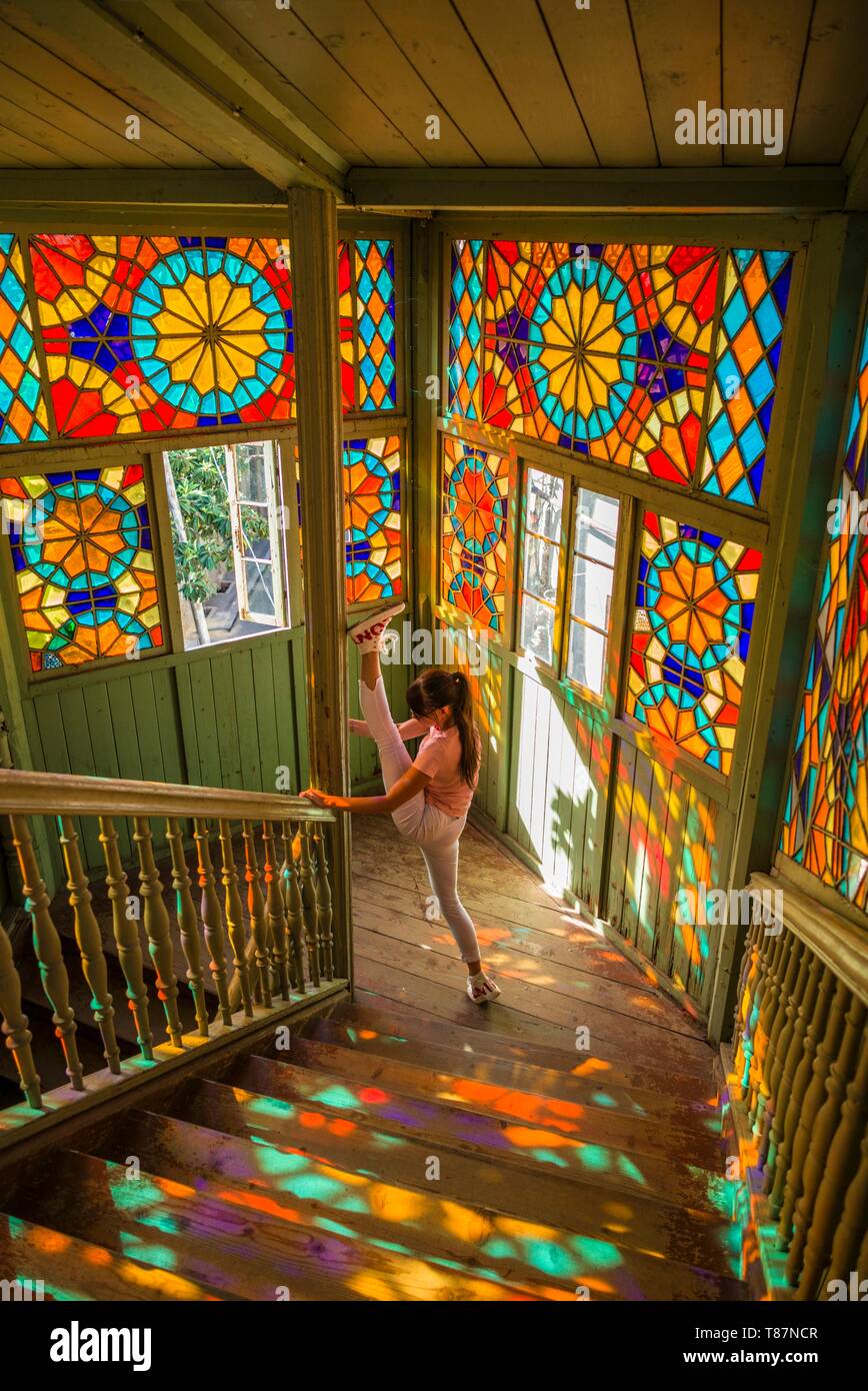 Georgia, Tbilisi, Old Town, traditional Georgian building with stained ...