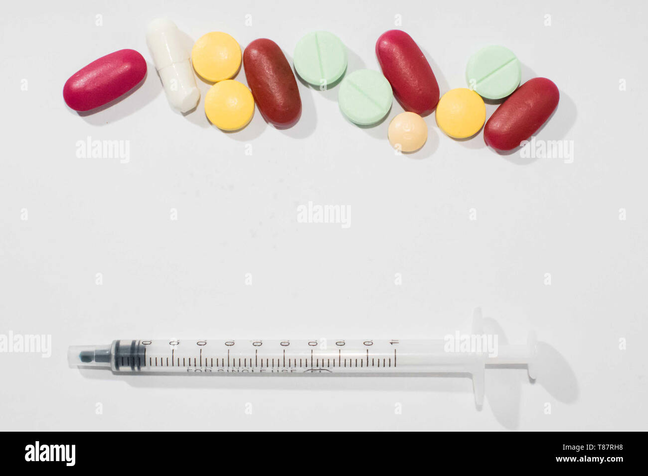 Pills and injection isolated on white background with copy space Stock ...