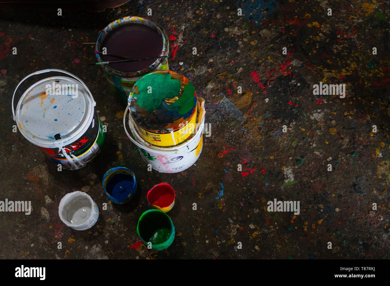 UBUD/BALI-APRIL 27 2019: colorful paint bucket with a brush and the ...