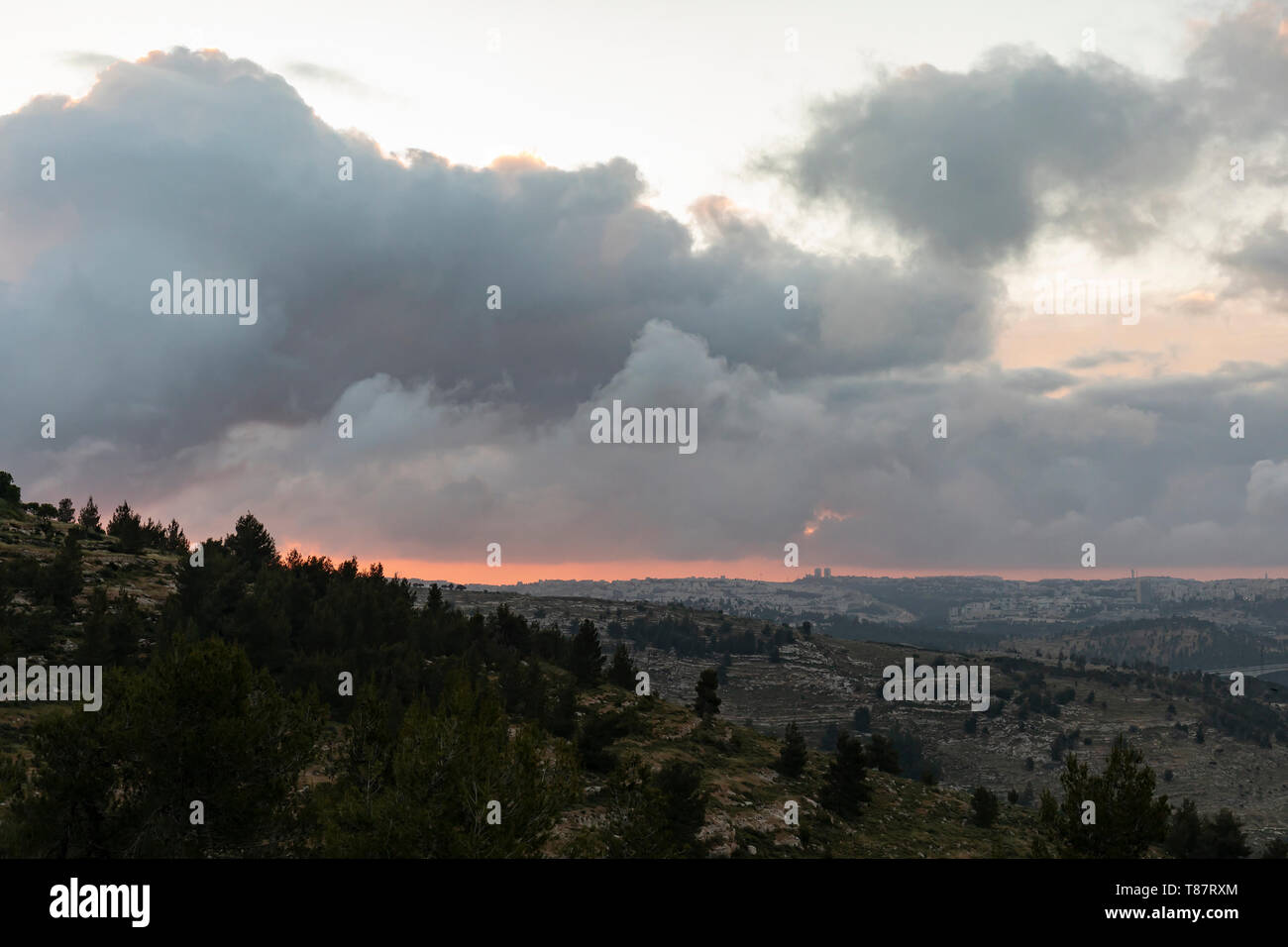 A misty sunrise over Jerusalem, Israel. A photograph showing the city ...