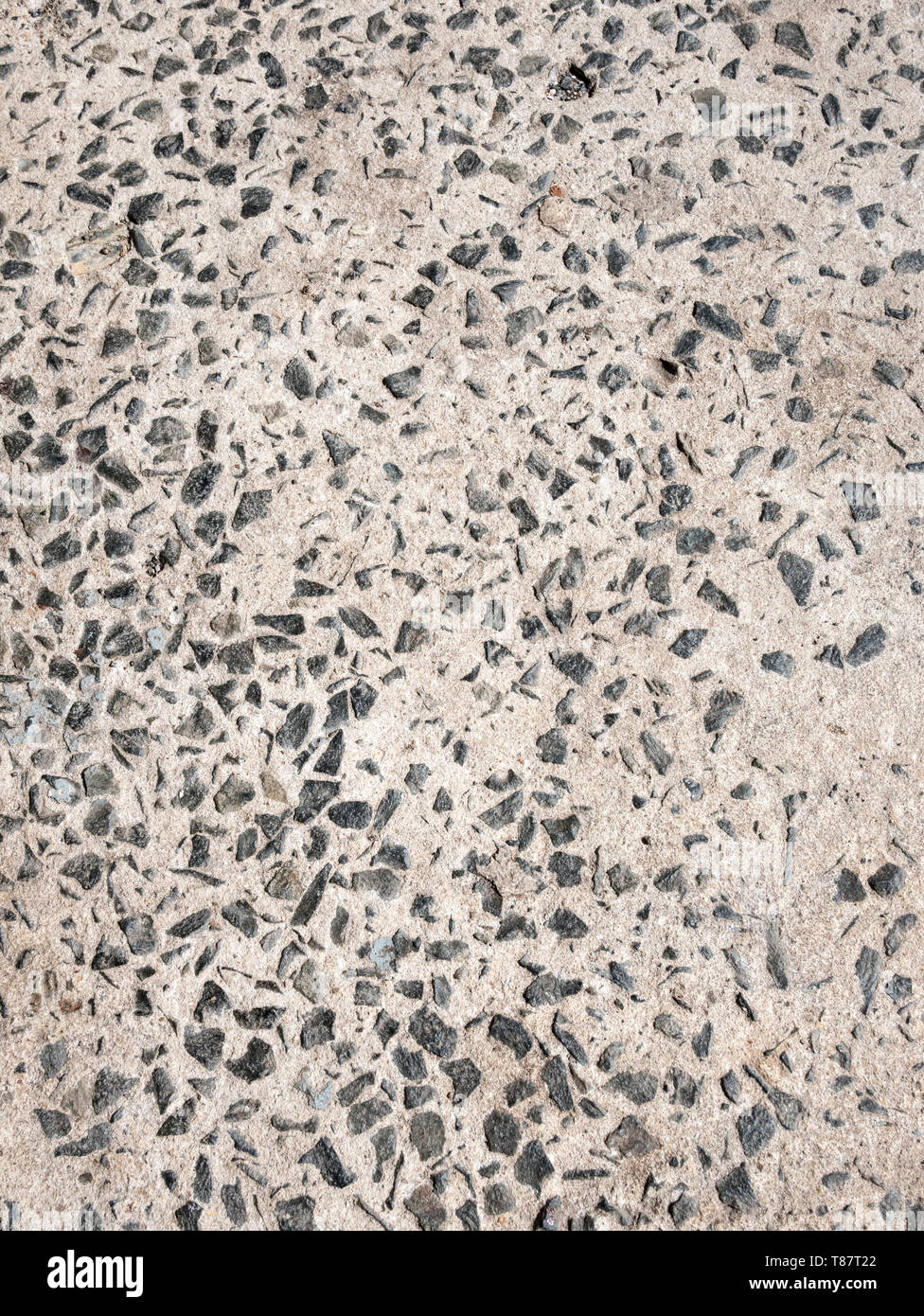 Old section of concrete flooring with randomly distributed stone chips ...