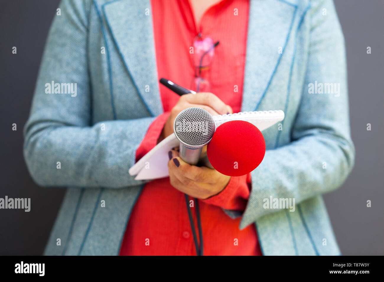 Female reporter at press conference, taking notes, holding microphone ...