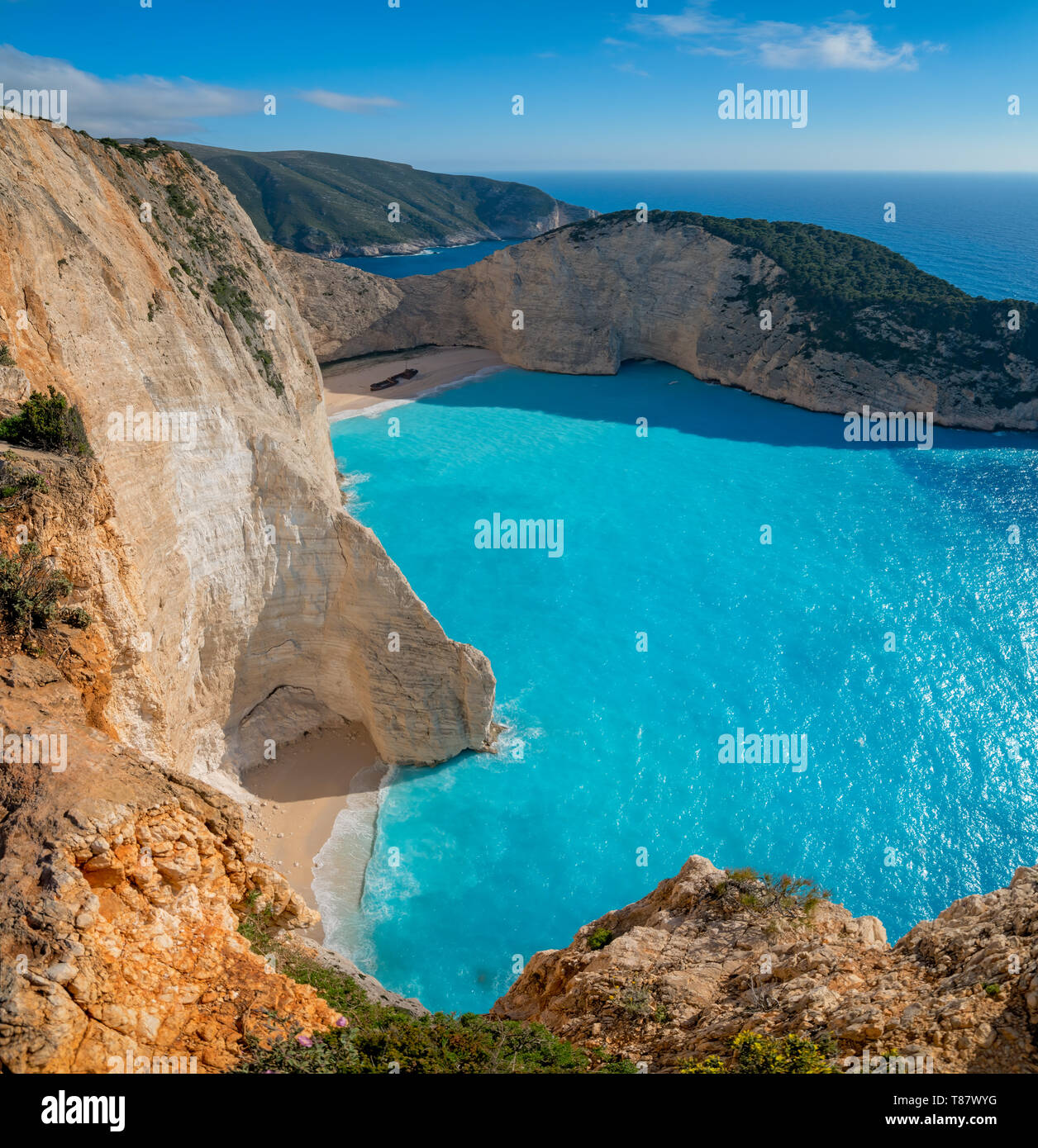 Stunning view of the cliffs in Shipwreck Cove in summer on Zante Island ...