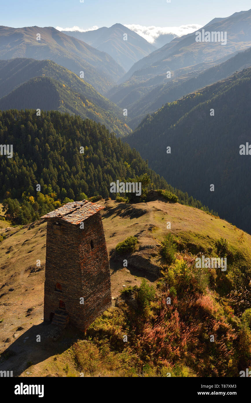 Upper Omalo village Tusheti region Georgia. Fortress Keselo on the ...