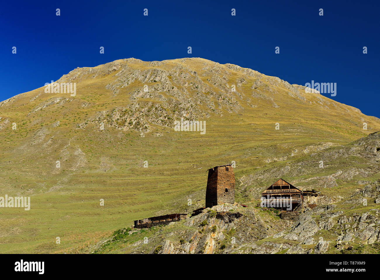 Parsma village Tusheti region, Georgia. Defensive towers on the ...