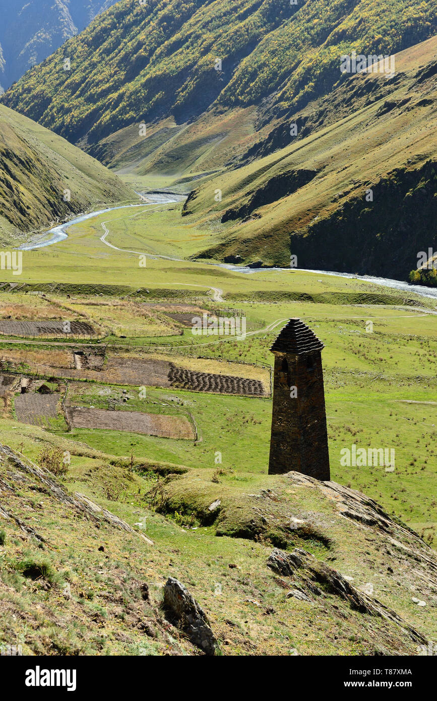 Parsma village Tusheti region, Georgia. Defensive towers on the ...