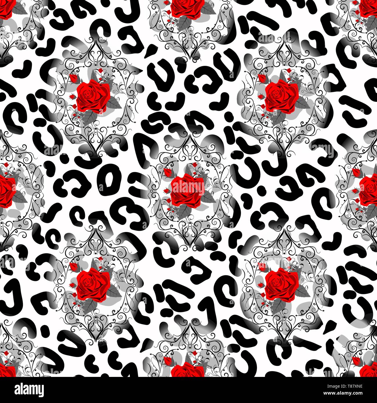 Seamless pattern with leopard print and roses. Vector background with ...