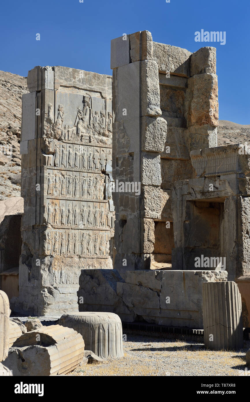 The Gate with beautiful reliefs in the ruins of Ancient Persepolis ...