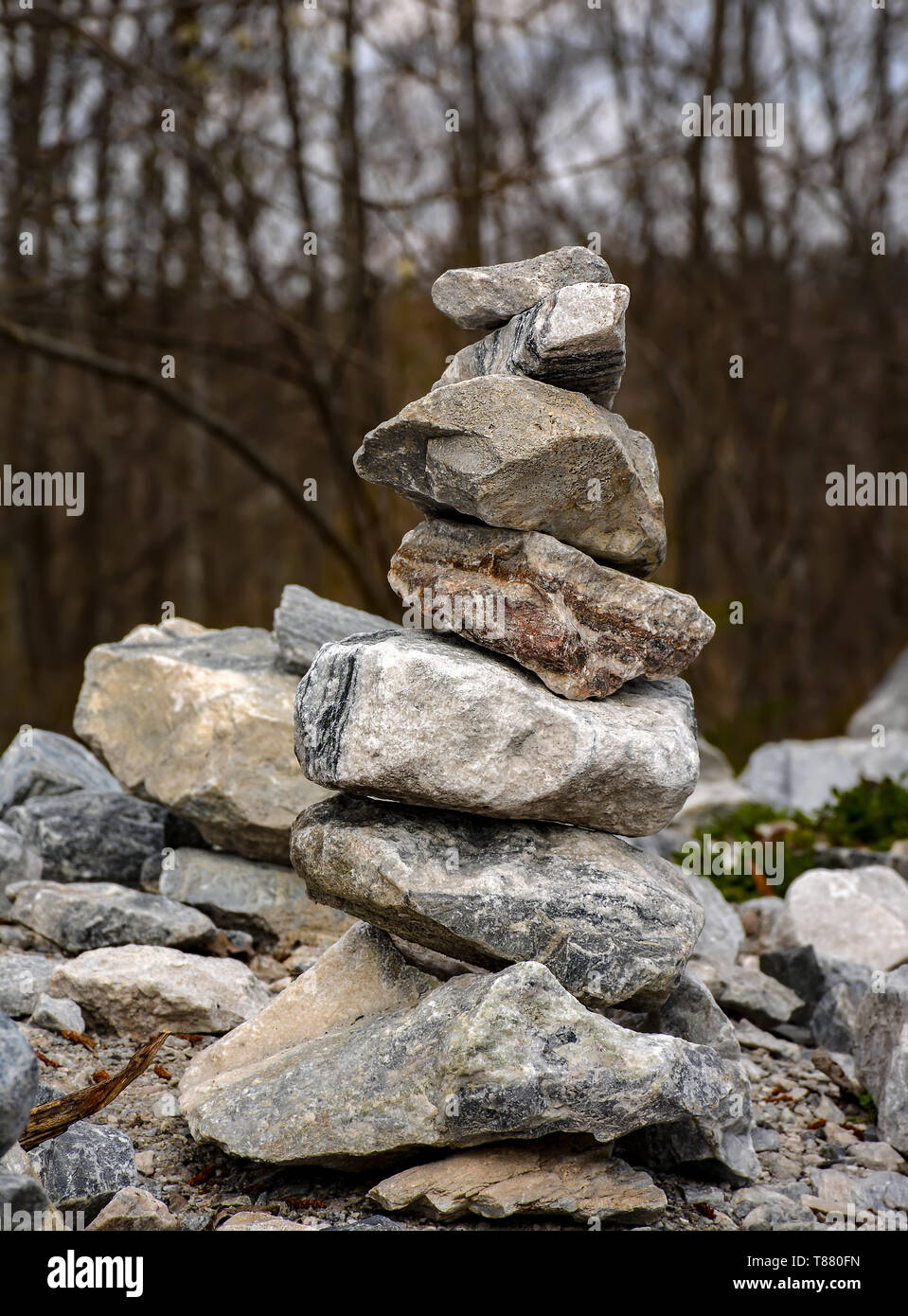 Stone pyramids built by tourists from pieces of marble in the mountain ...