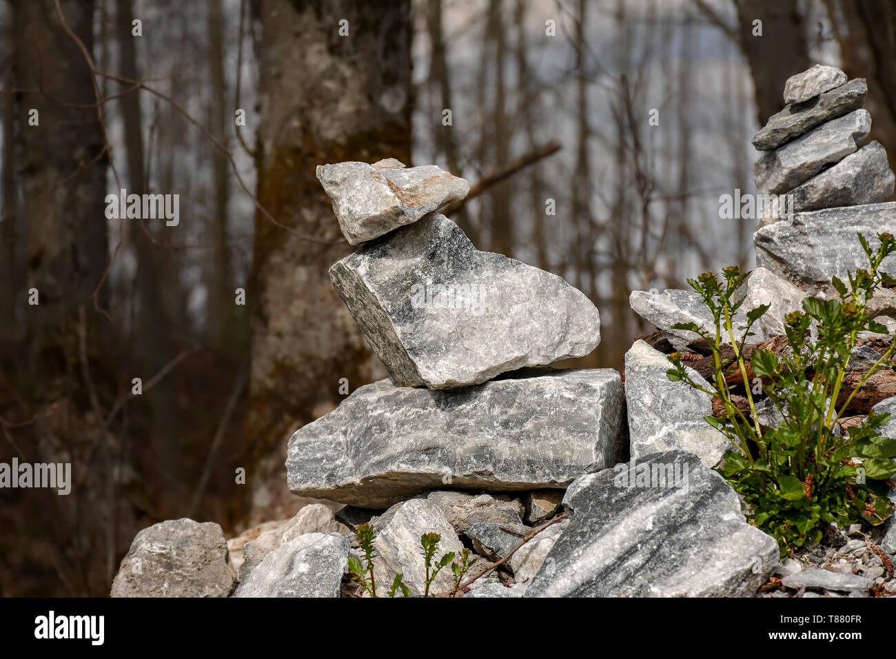Stone pyramids built by tourists from pieces of marble in the mountain ...