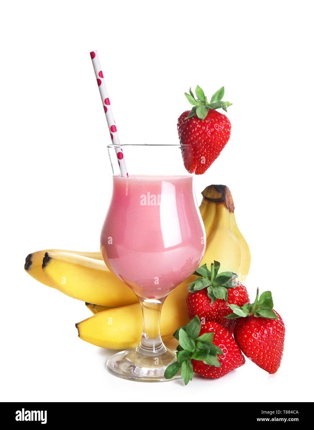 Glass of tasty drink with ingredients on white background Stock Photo ...