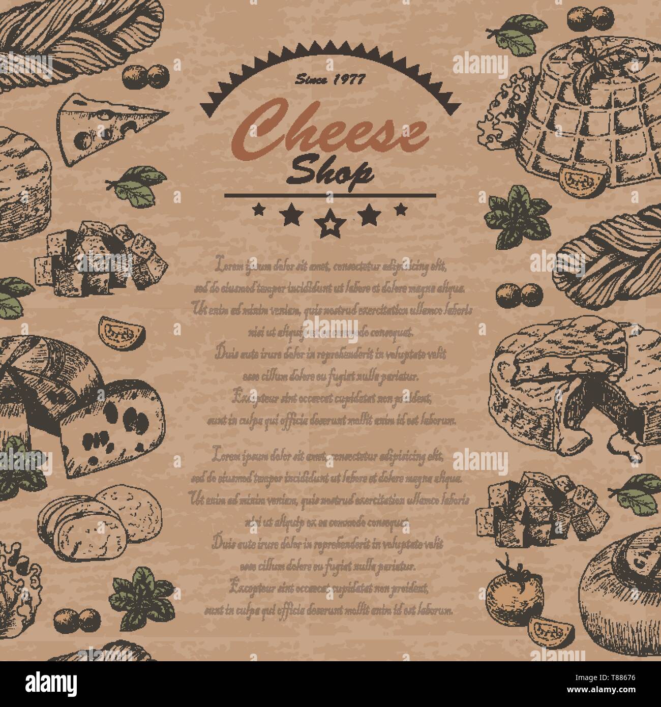 Vertical background with cheese products. Vector illustration for your ...