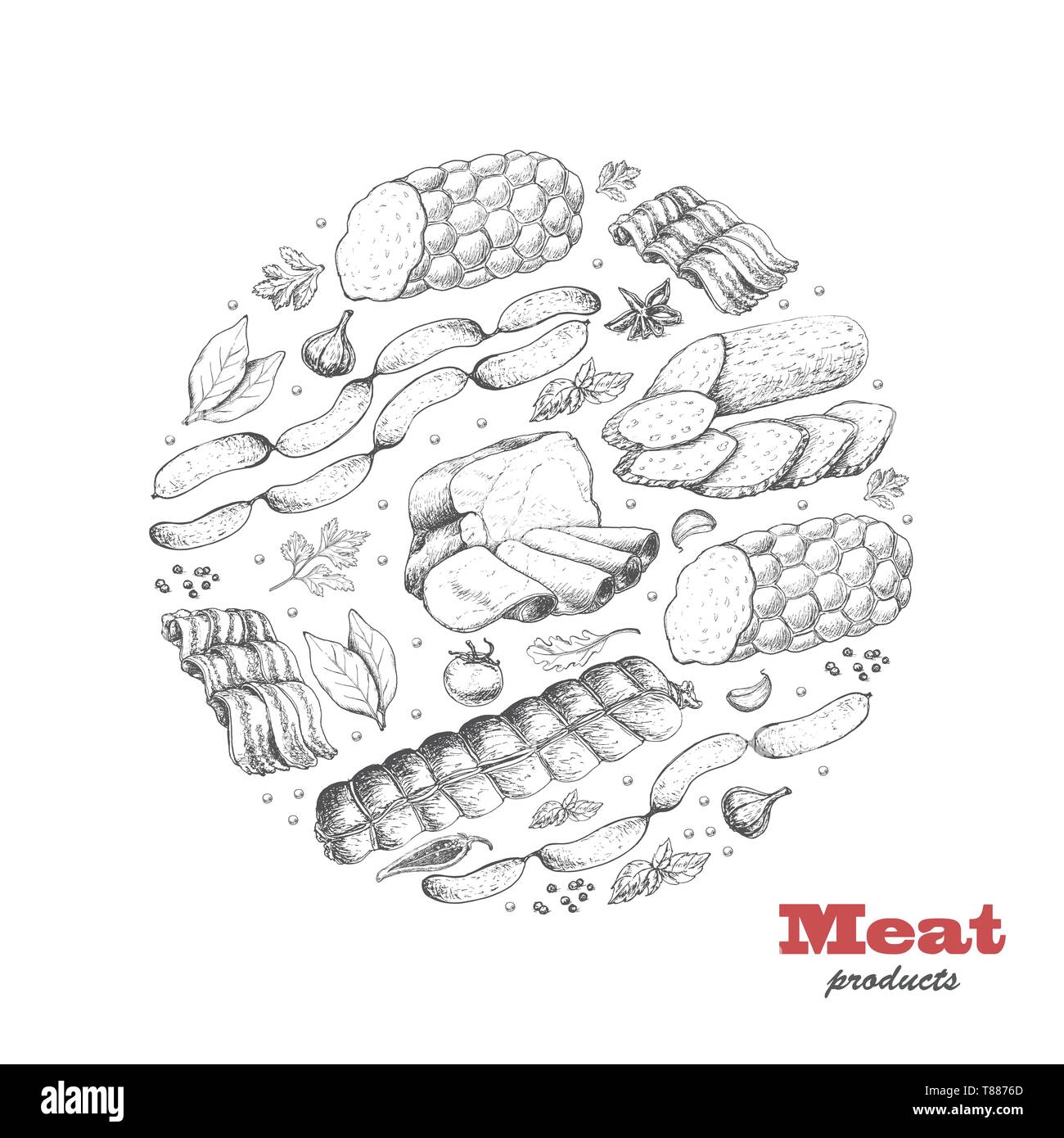Vector background with meat products arranged in a circle. Vector ...