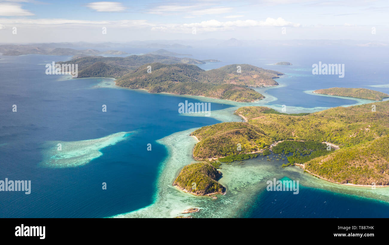 aerial seascape Lagoons with blue, azure water in middle of small ...