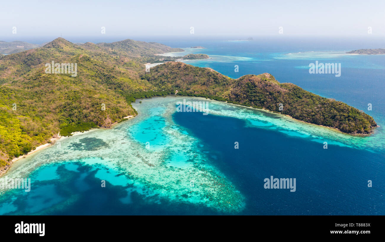 Seascape in the Philippines. Sea coast with mountains and islands ...