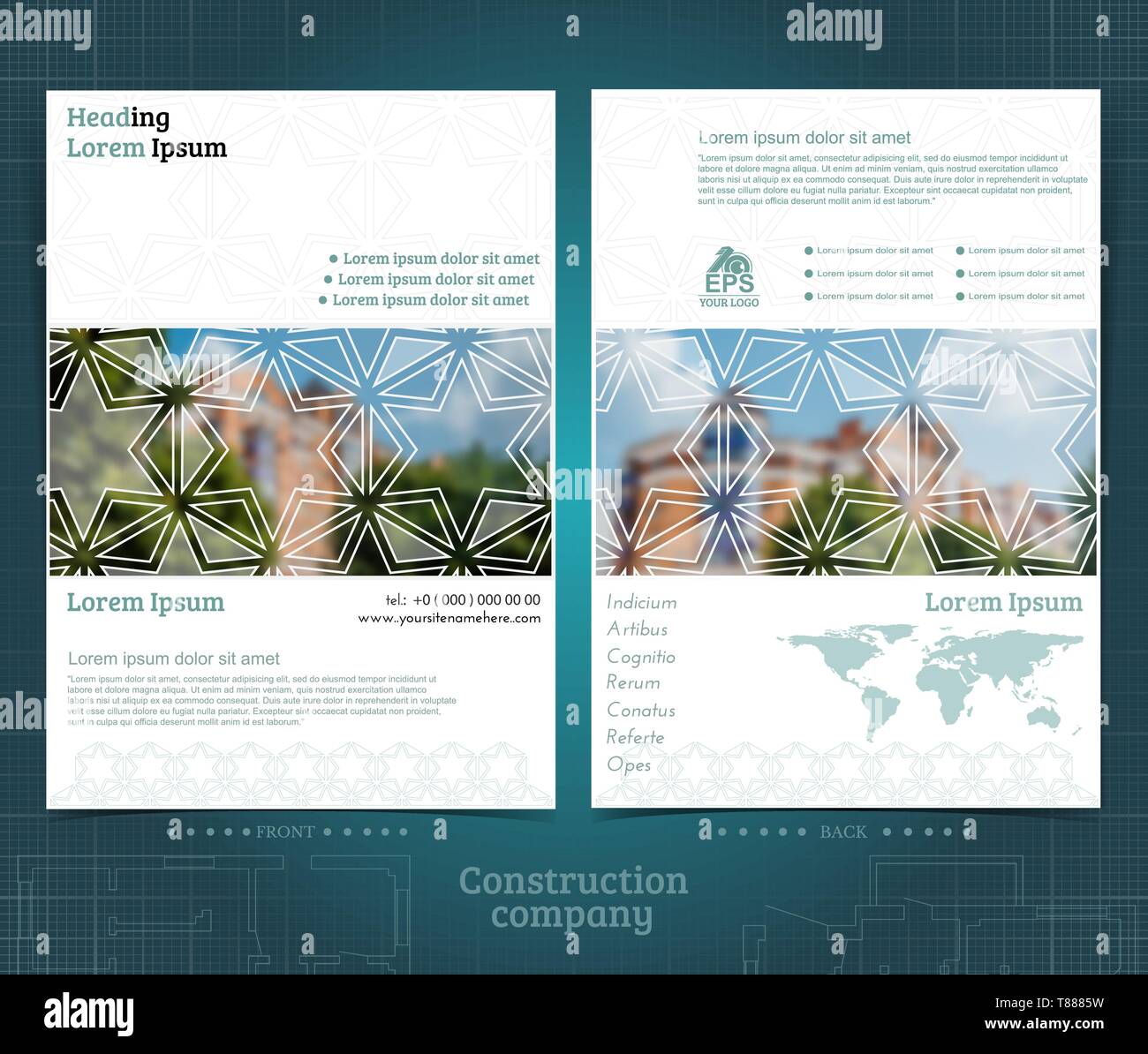 Two sided leaflets with buildings and geometric patterns Stock Vector ...