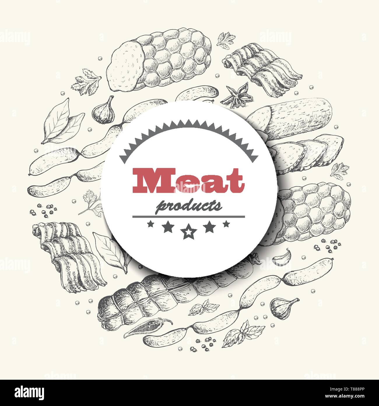 Vector background with meat products arranged in a circle. Vector ...