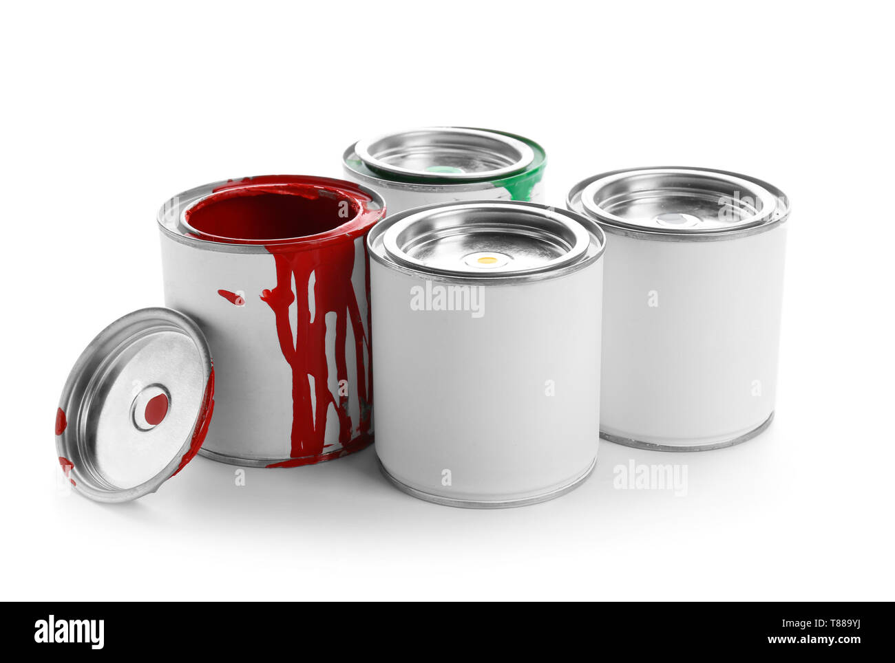Different cans of paint on white background Stock Photo - Alamy