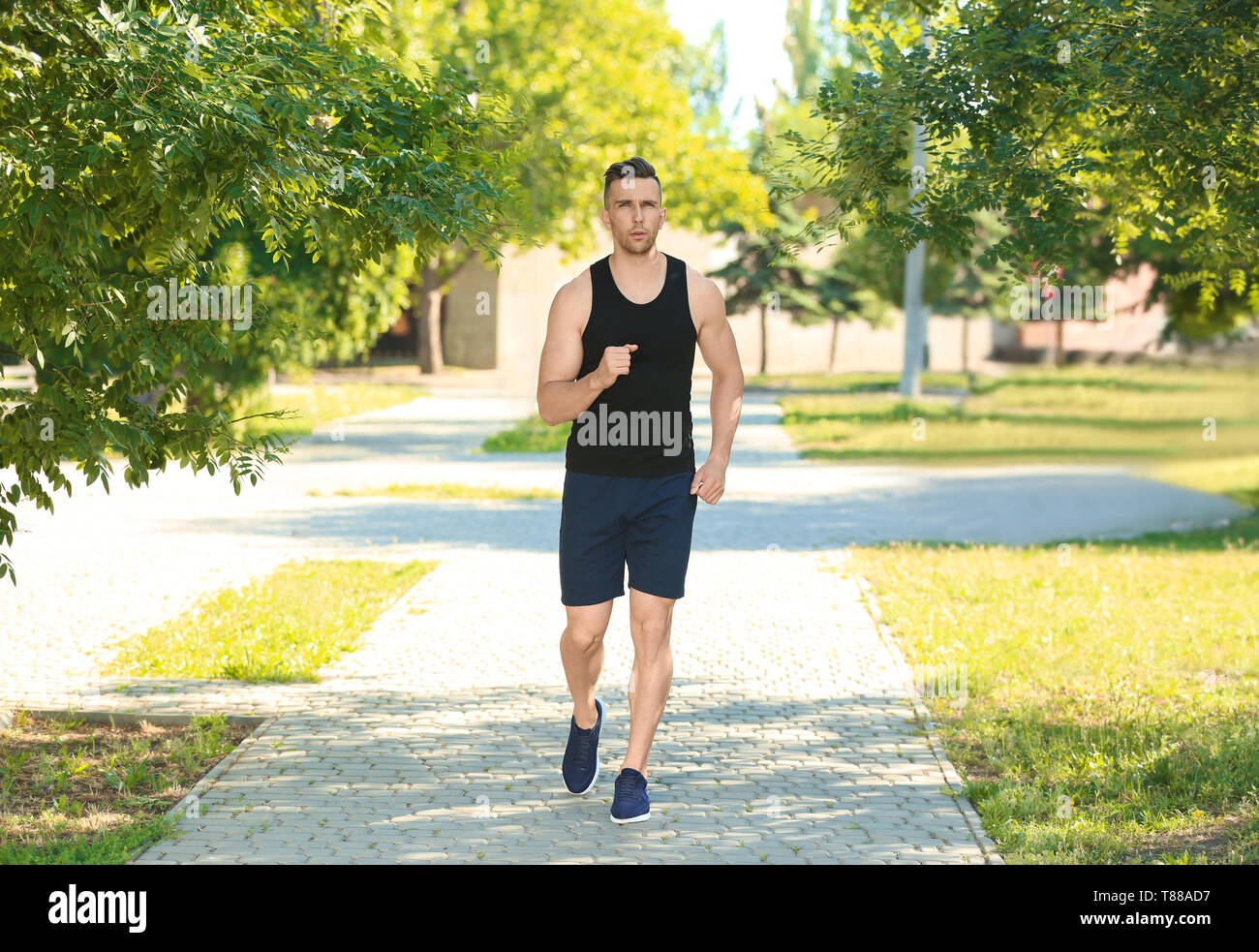 Sporty man running in park Stock Photo - Alamy