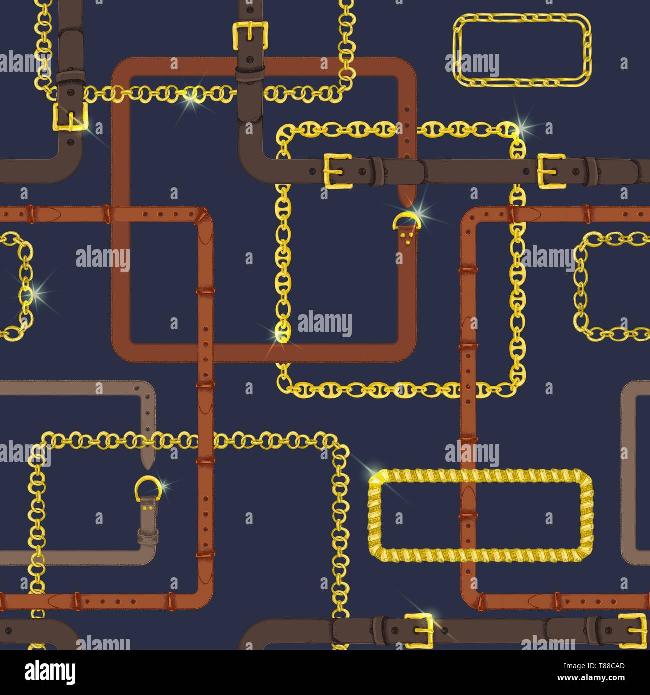 Seamless pattern with realistic hand drawn golden chains and brown ...