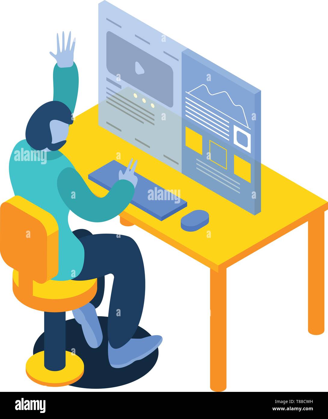 Man working on desktop computer icon, isometric style Stock Vector ...